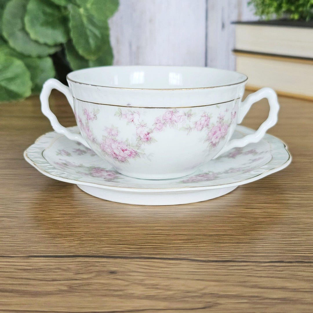 Antique Orleans Teacup Double Handle Soup Cup Rose Garland Floral Z.S ...