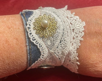 Wide Demim Cuff Bracelet, Chunky Rocker Denim Bracelet, Decorated Cuff ...