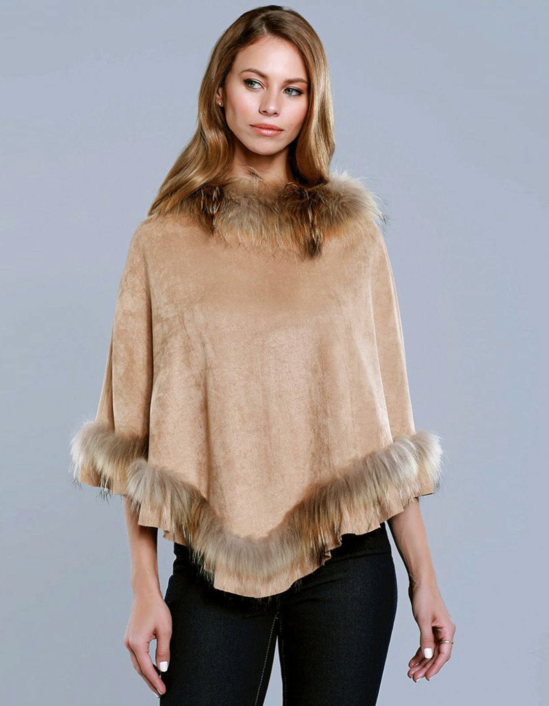 Suedette Tan Poncho With Fur Trim - Etsy UK