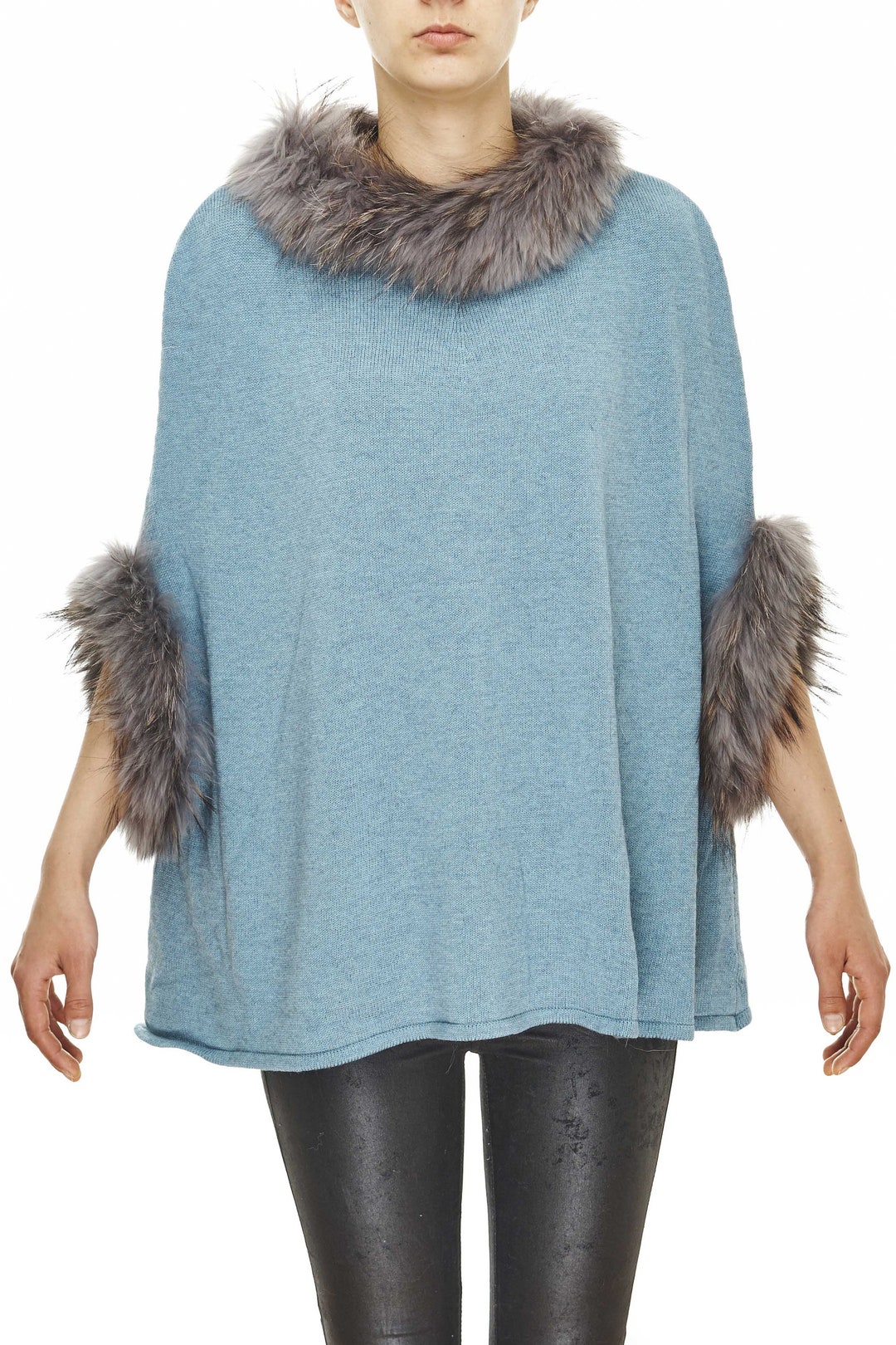 Wool Blend Light Blue Poncho With Fur Trim - Etsy UK