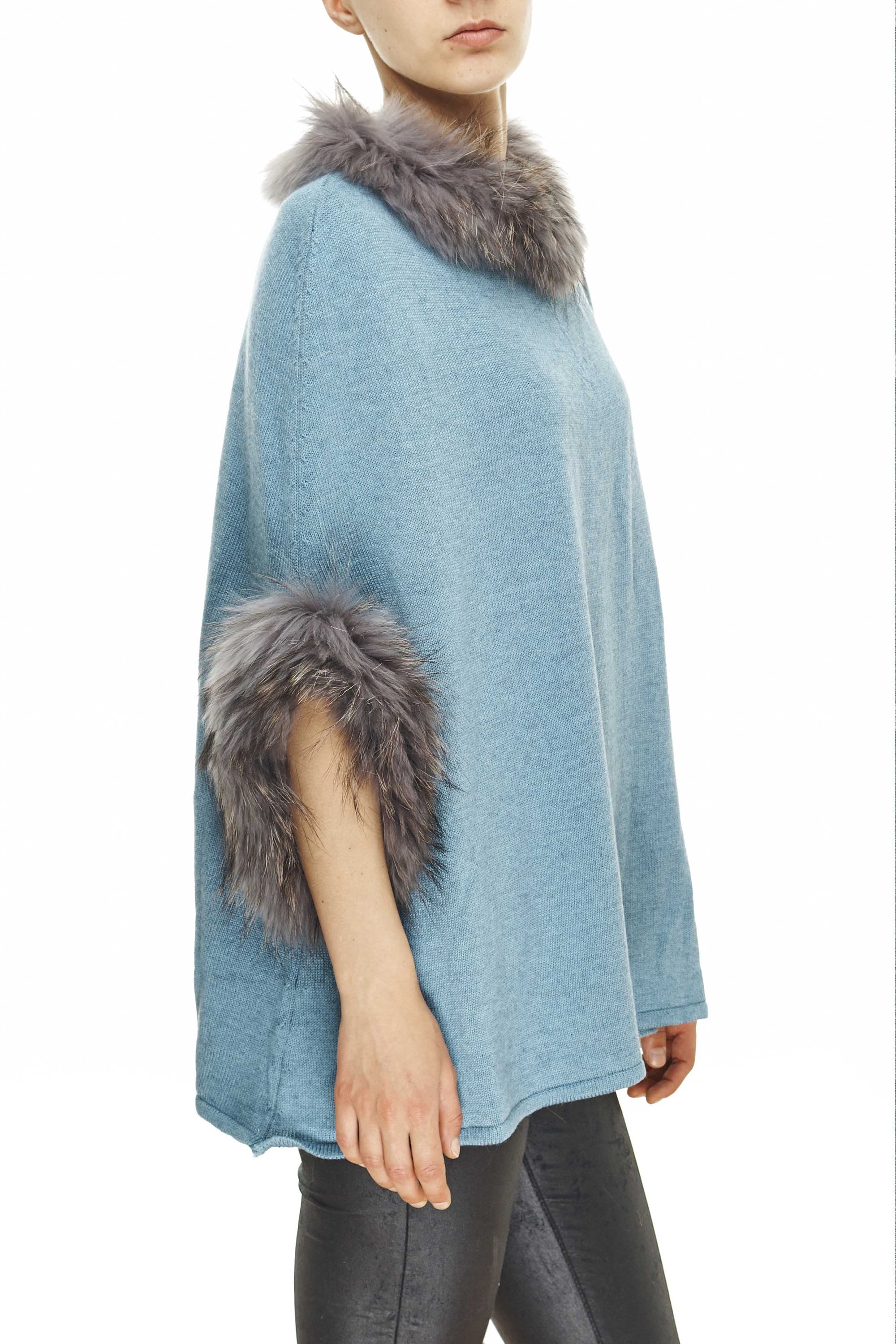 Wool Blend Light Blue Poncho With Fur Trim - Etsy UK