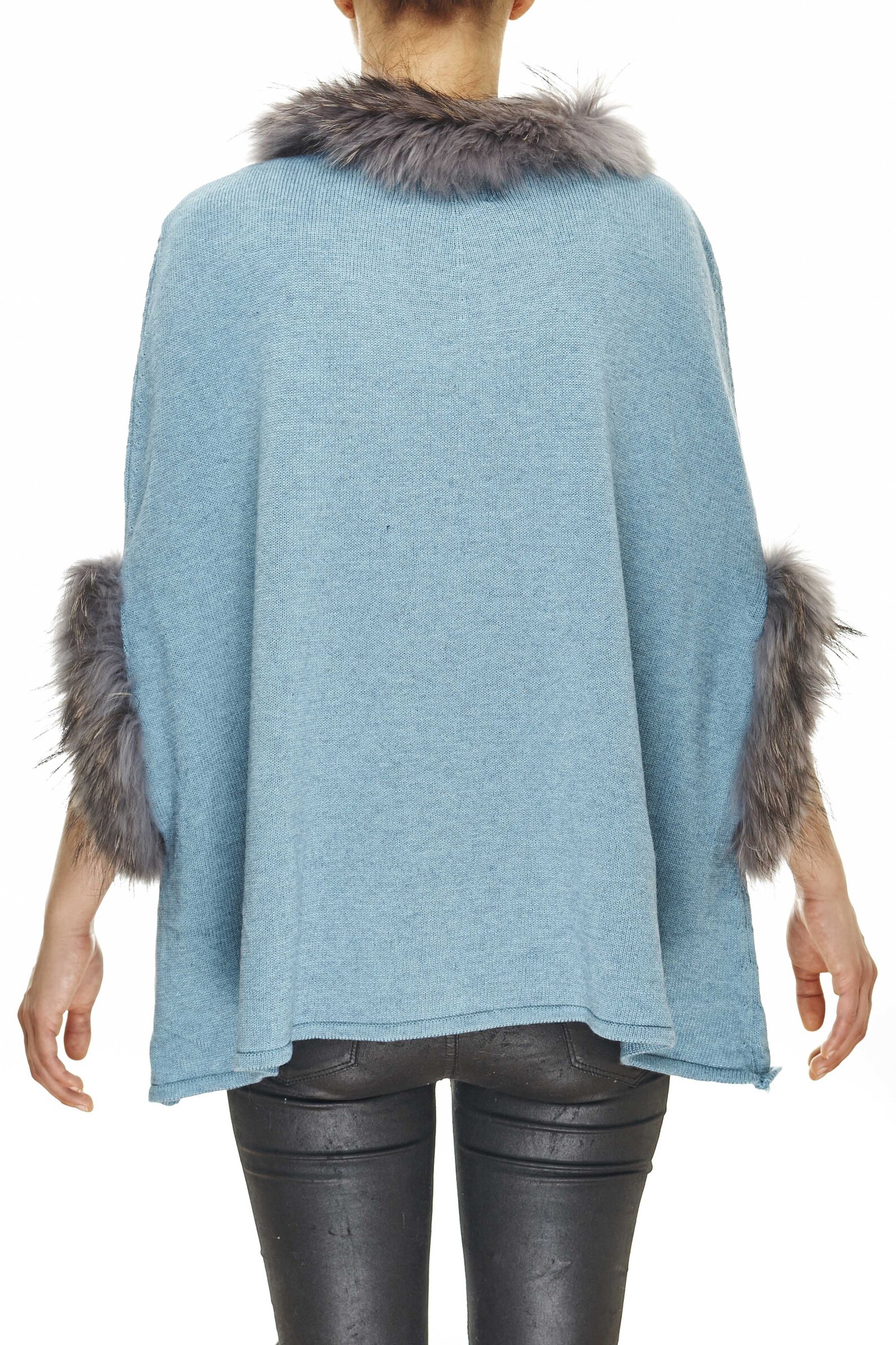 Wool Blend Light Blue Poncho With Fur Trim - Etsy UK