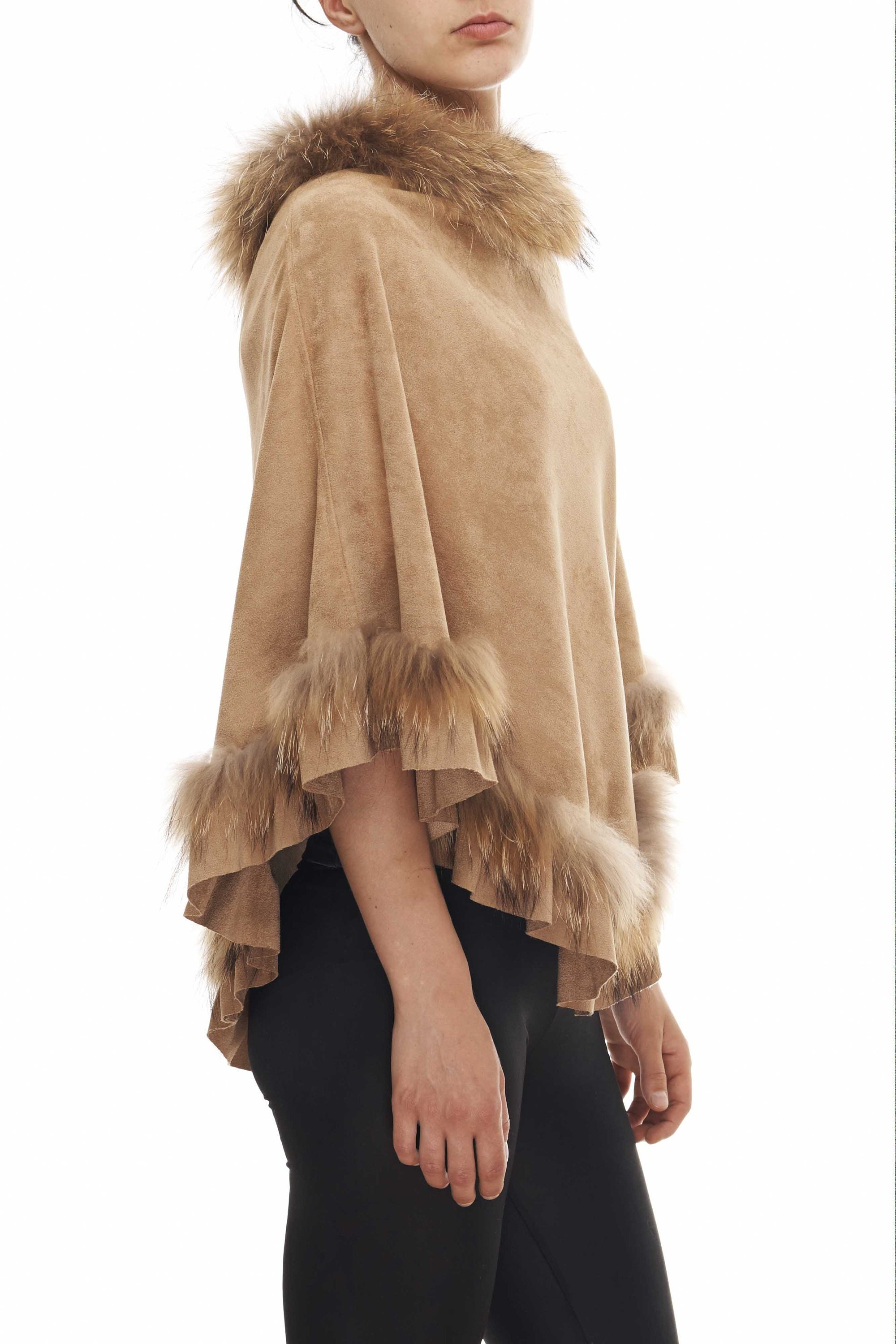 Suedette Tan Poncho With Fur Trim - Etsy UK