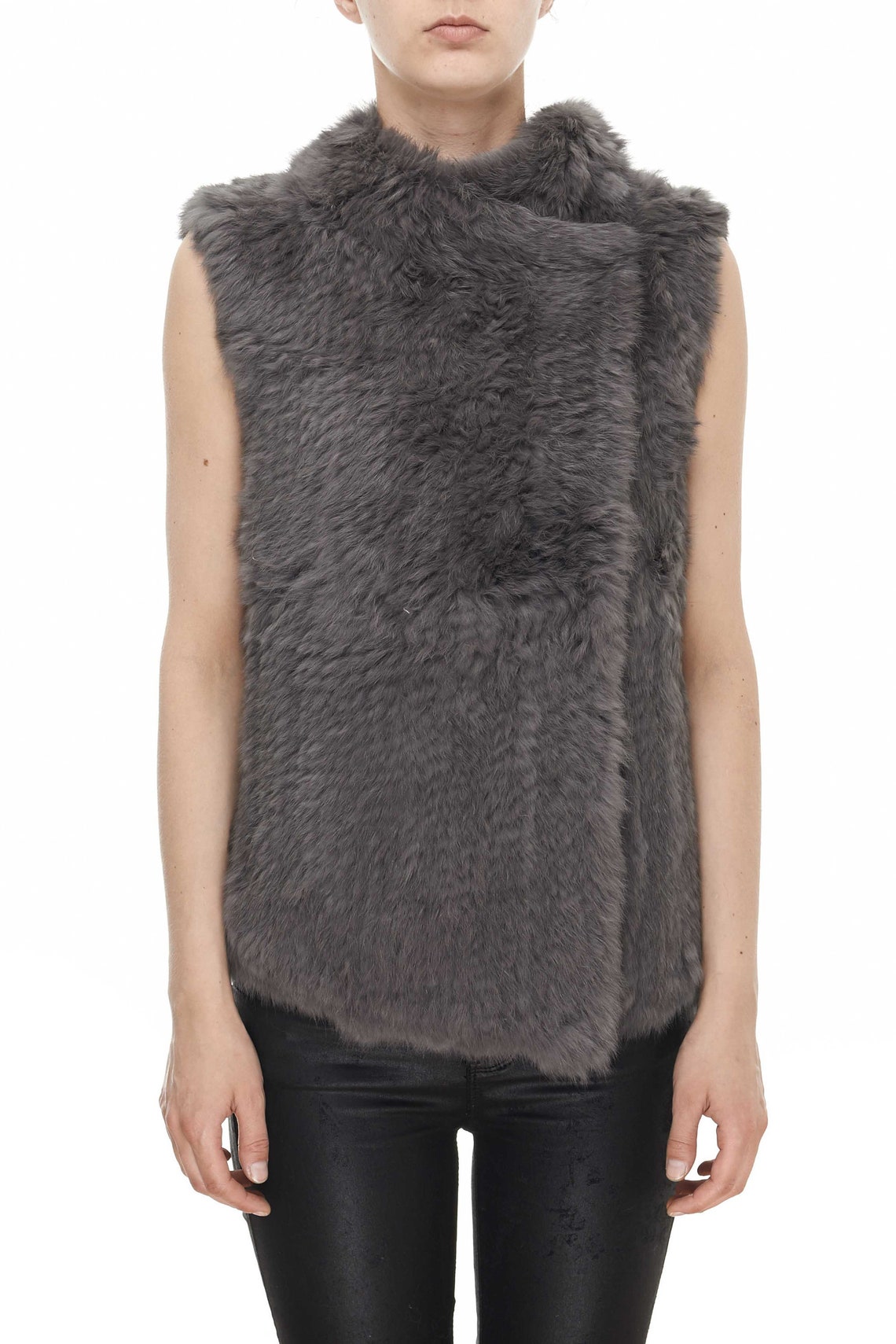 Knit Rabbit Fur Dark Grey Gilet - Etsy