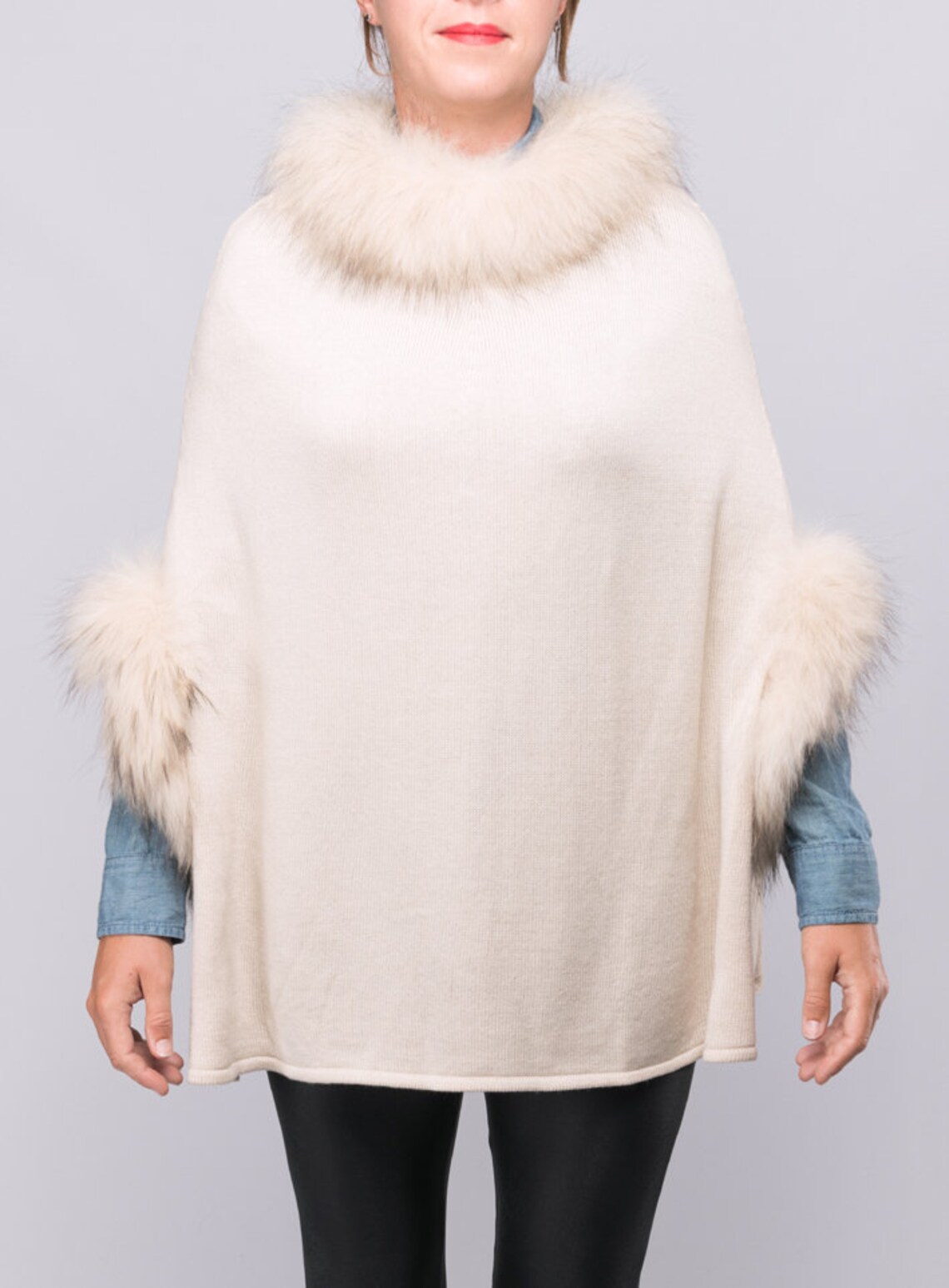 Wool Blend Cream Poncho With Cream Fur Trim - Etsy