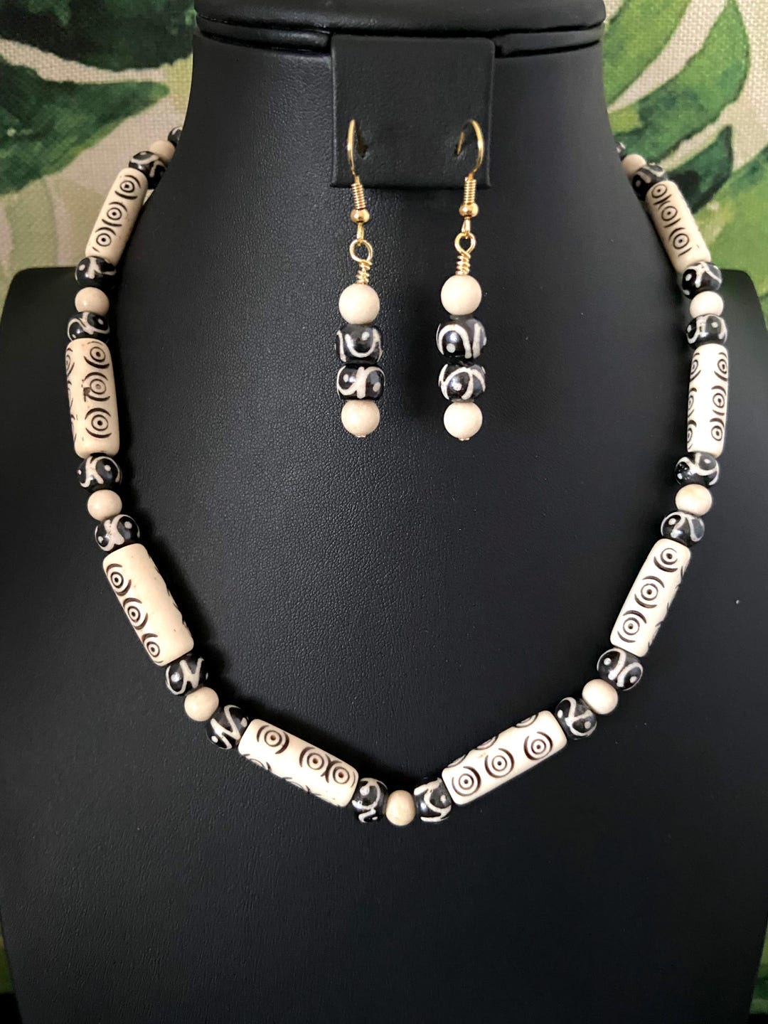 Carved Bone Bead Necklace and Matching Earrings, Bone Beads, Bone Bead ...