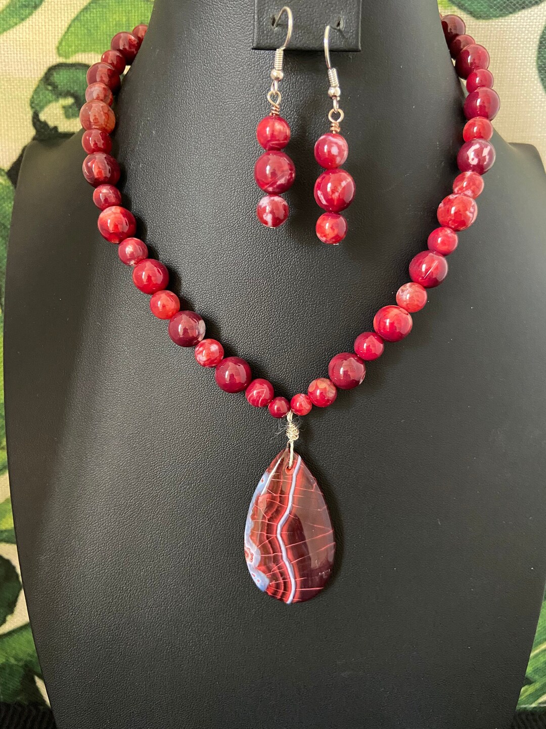 Red Fire Agate Pendant Necklace and Earrings, Red Agate, Red Agate ...