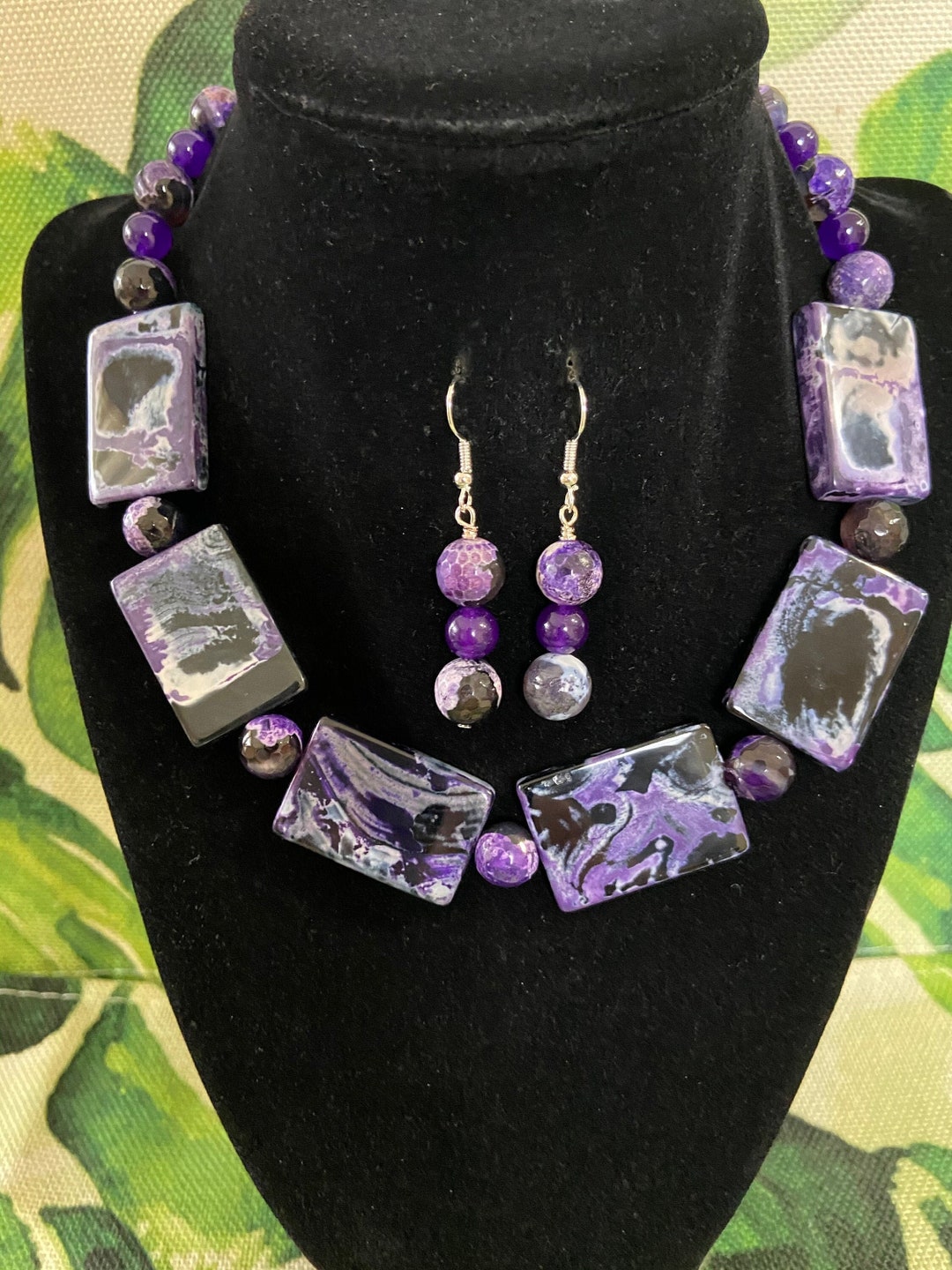 Fire Agate Necklace & Earrings Set: Purple Gemstone Slab Statement ...