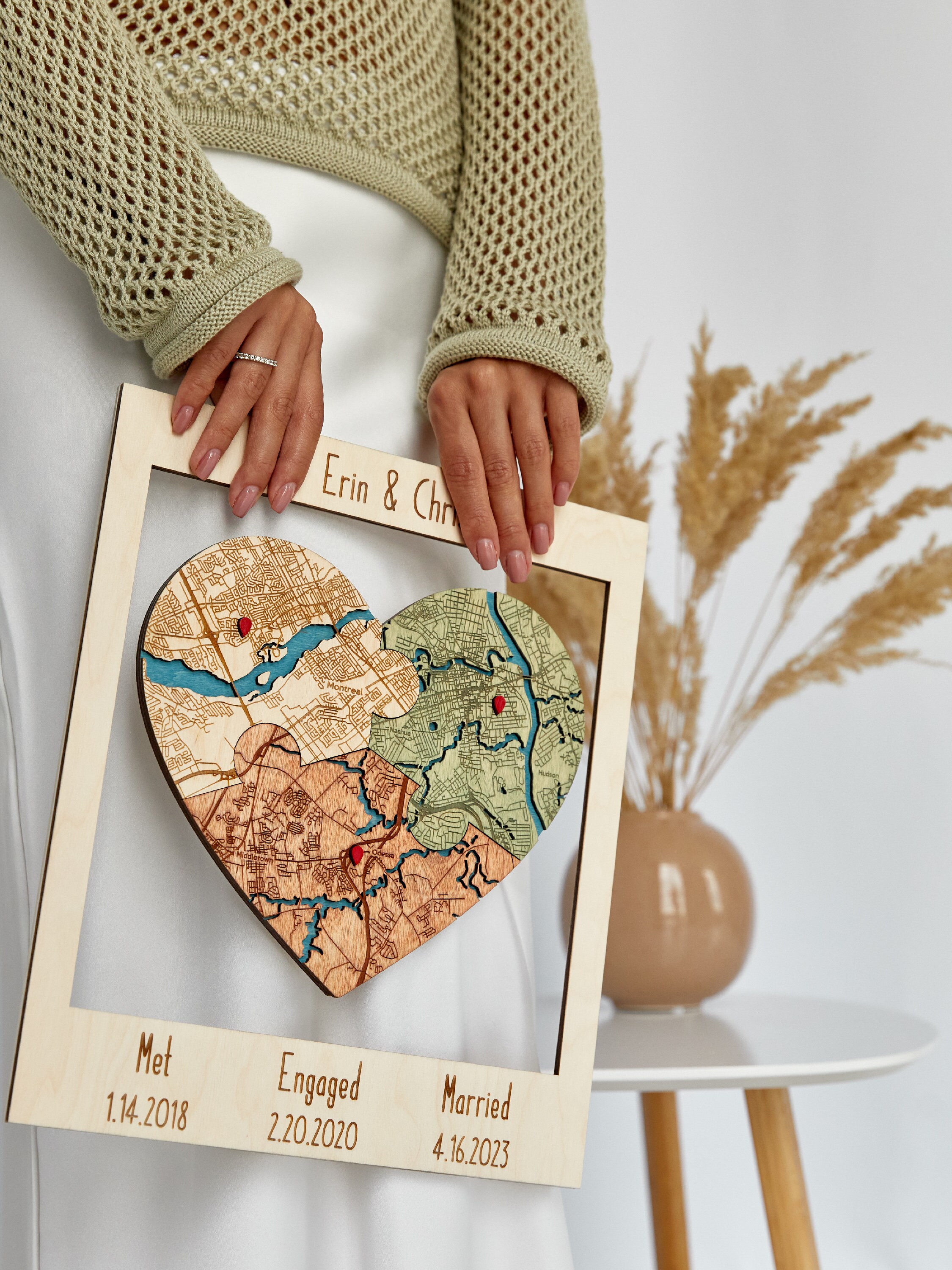 Custom Location Heart Map, 9th Anniversary Gift, Wooden Framed Wall Art ...