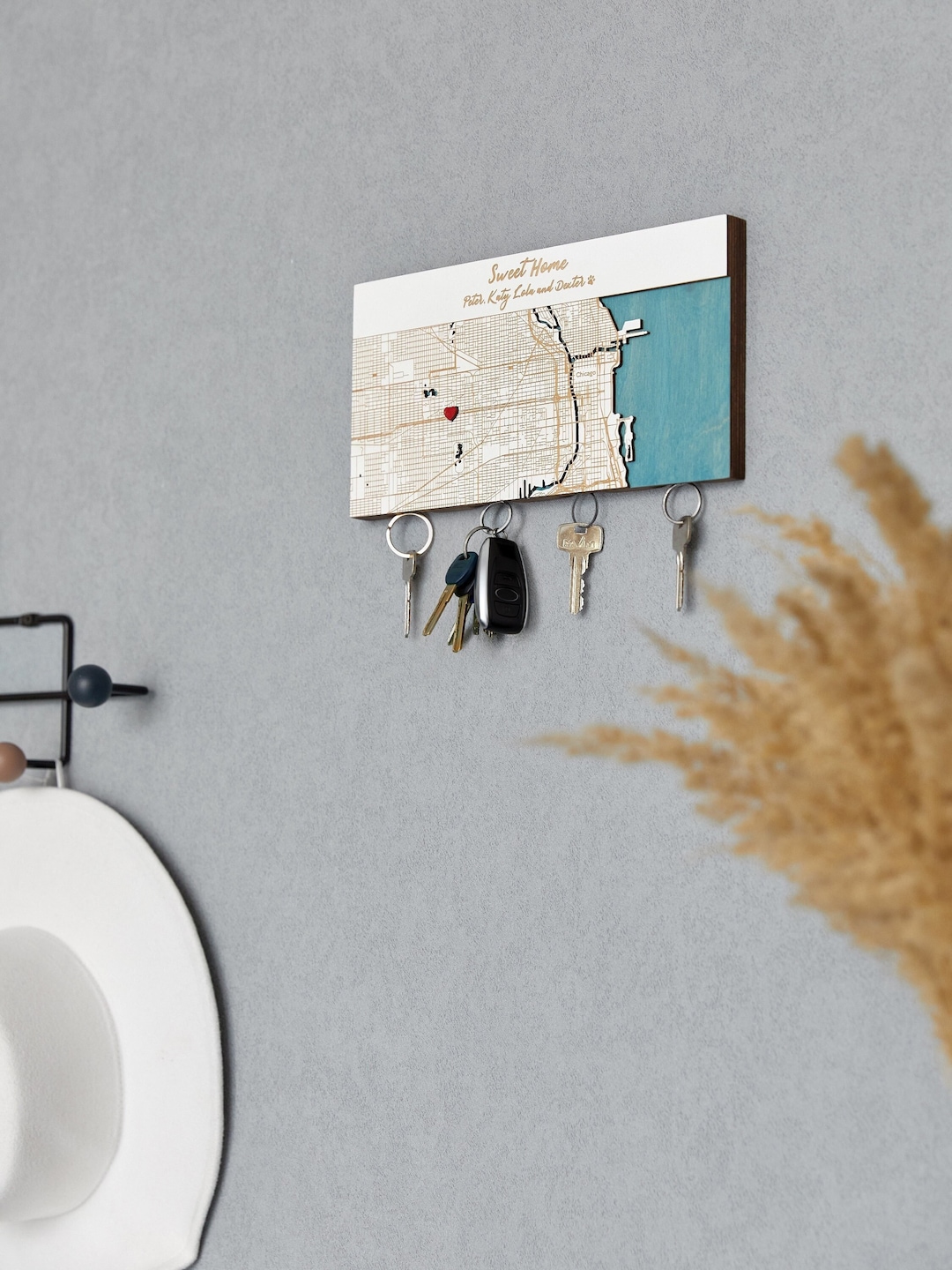 Magnetic Key Holder for Wall, Wood Map Key Organizer, Housewarming Gift ...