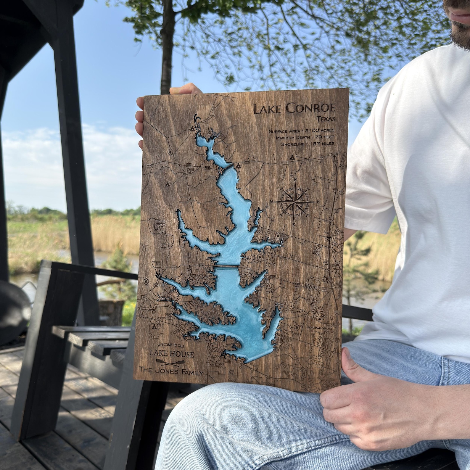 Personalized Lake Map Wood Wall Art: Resin Detail, Push Pins Included ...