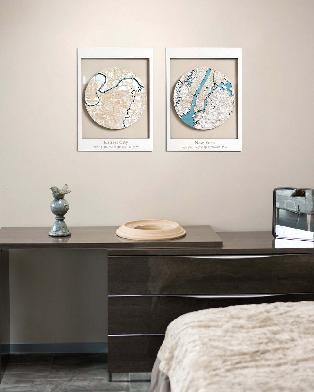 Custom City Map Wall Art Set Engraved on Wood, Any City Map, Office ...
