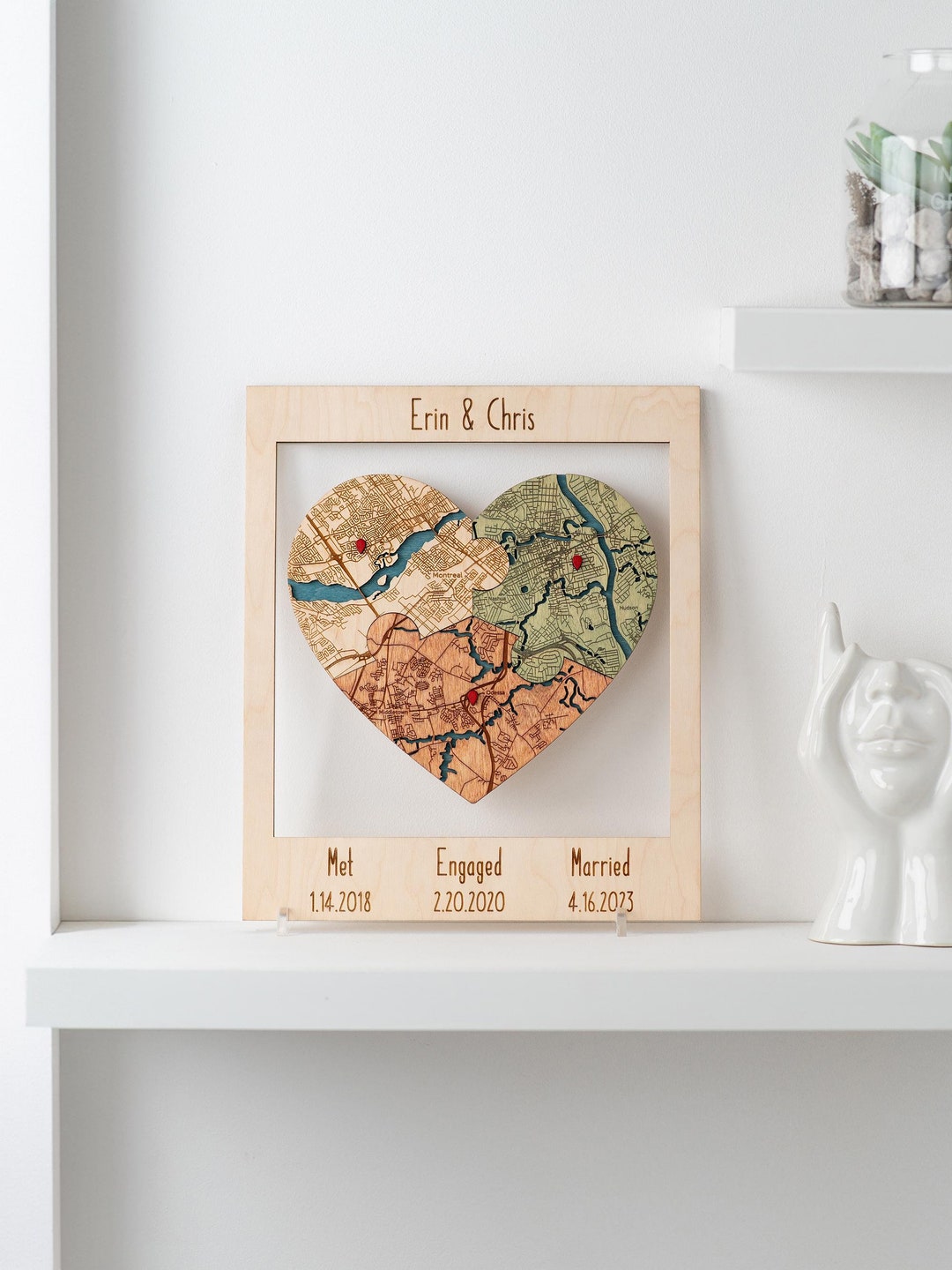 Three Locations Wooden Puzzle Map, Shelf Decor, Personalized Couples ...