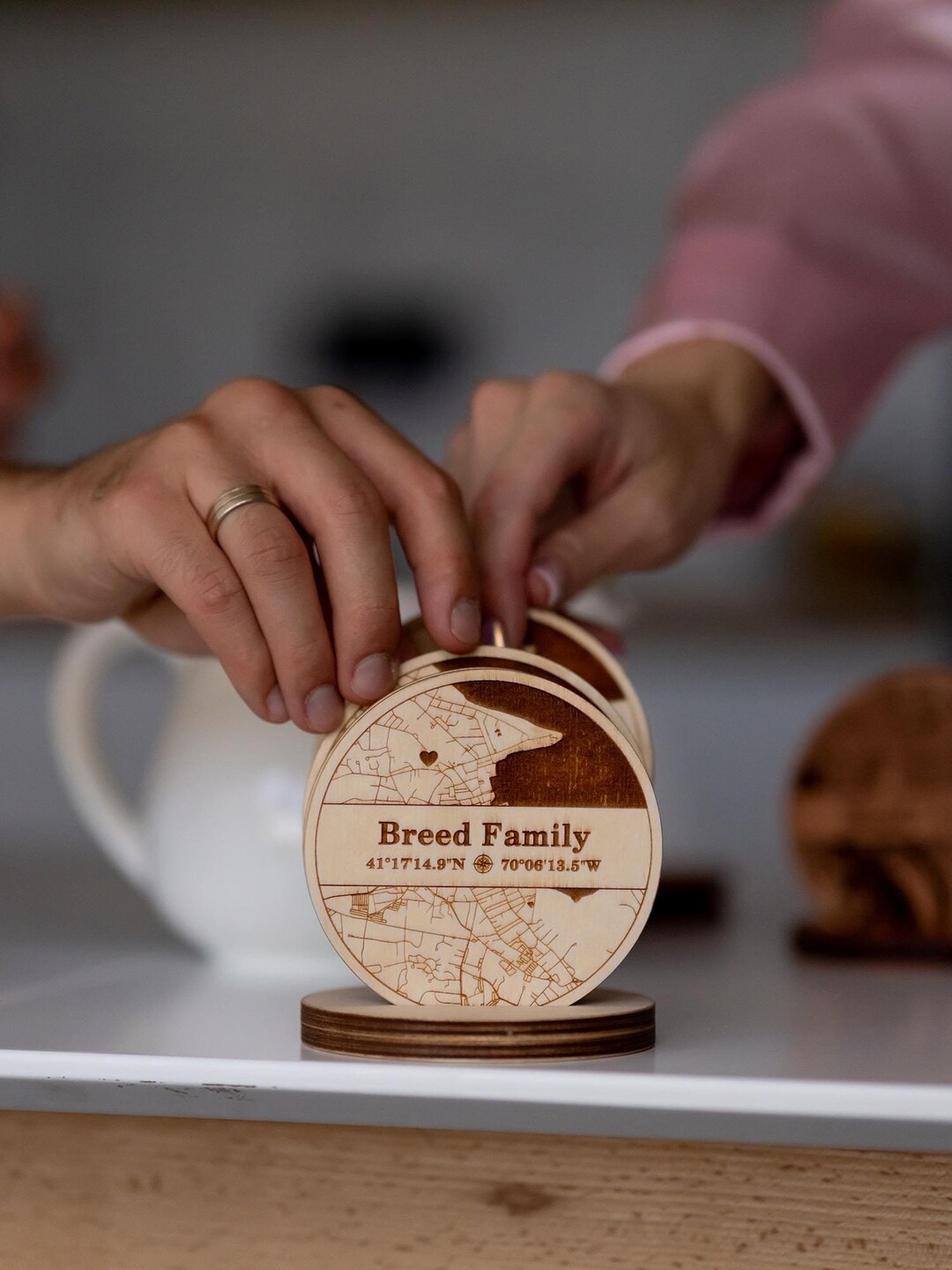 Map Location Custom Wood Coasters, Newlywed Gift, Personalized Wood ...