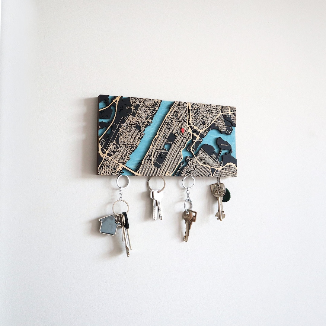 Key Holder for Wall, Custom City Wood Map Wall Art, Magnetic Key ...
