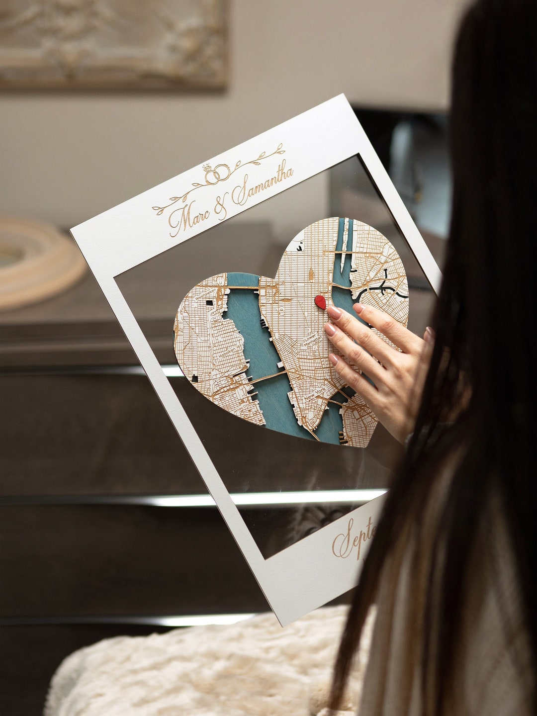 Custom Wedding Location Map, Framed Wood Wall Map, Custom Coordinates ...