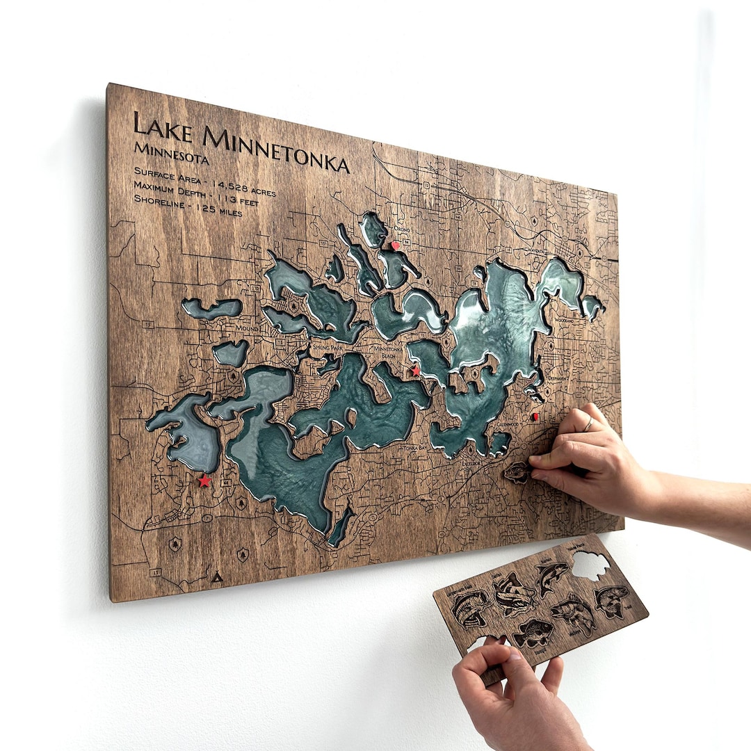 Personalized Lake Map Coastal Wall Art: Emerald Green Resin, Push Pins ...