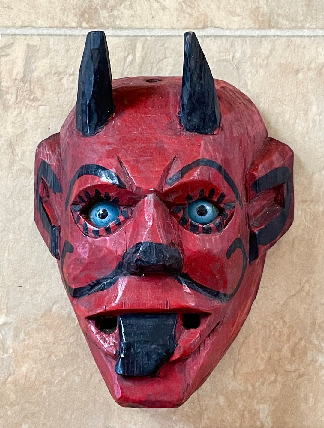 Vintage Hand Crafted Wood Mexican 3-D Blue Glass Eyes Red Diablo Devil ...