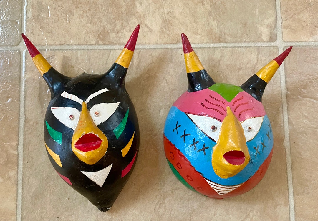 2 Rare Vintage Venezuela Native Tribal Art Hand Painted Coconut Shell ...