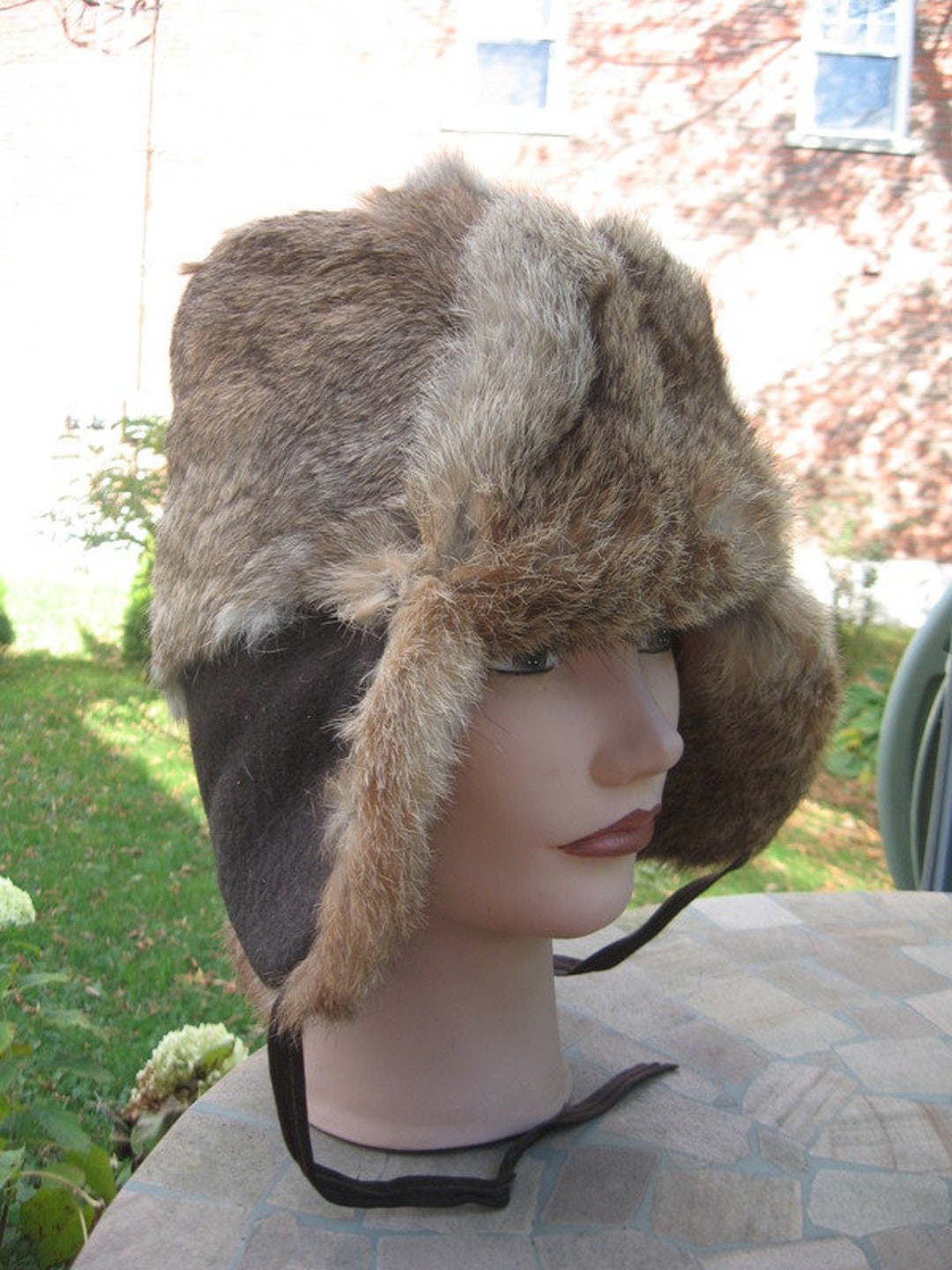 R37 Men Women Rabbit Fur Hat Top Brown Beige Black Fur Size 22. 5" 23 ...