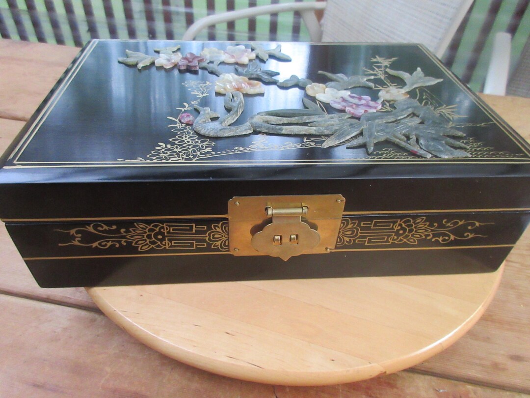 B5 Vintage Asian Chinese Jewelry Box With Carved Flower Stone on Black ...