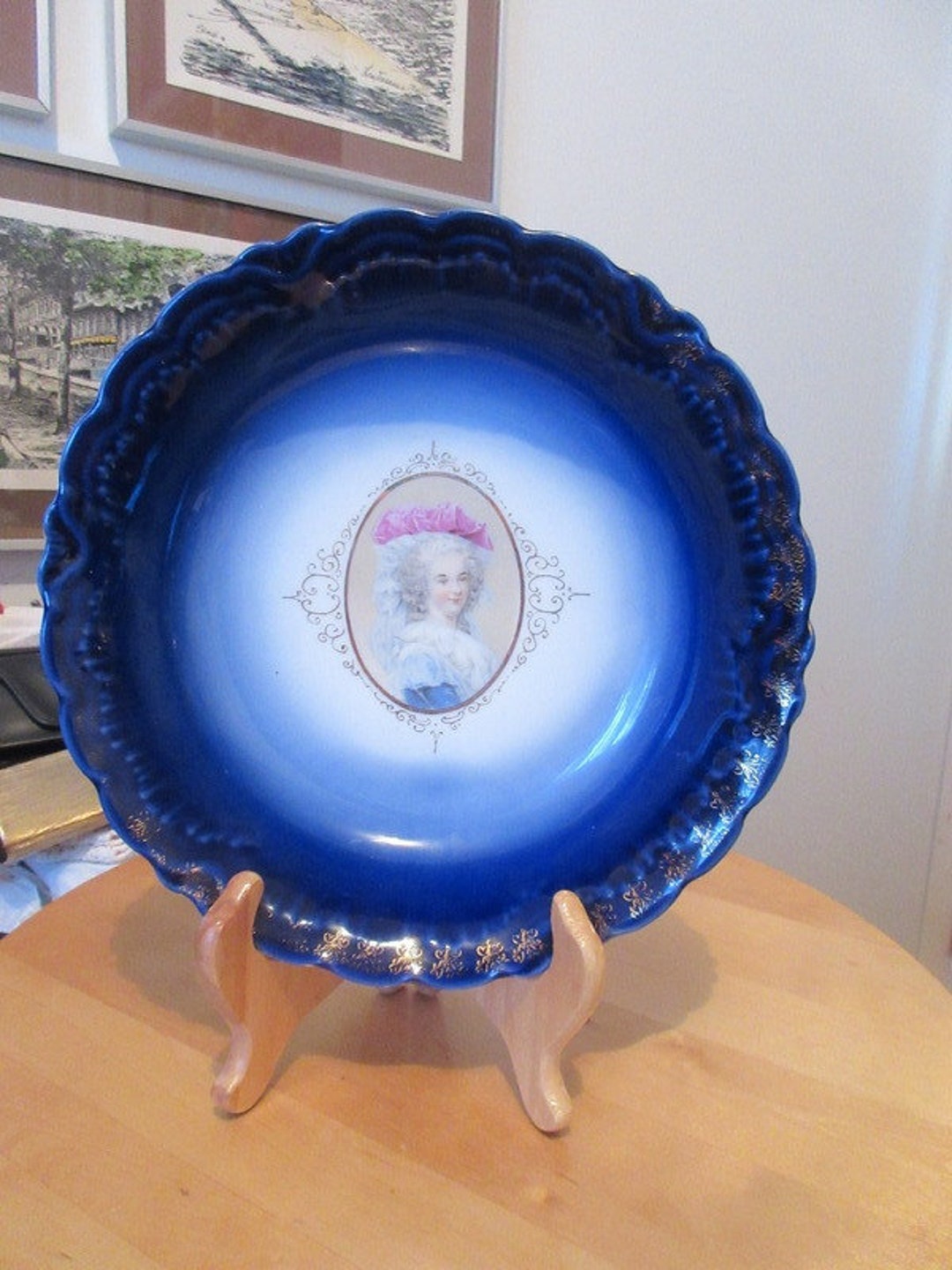 26B Antique Porcelain Flow Blue Dish Bowl Victorian Lady 9" in Wide 2. ...