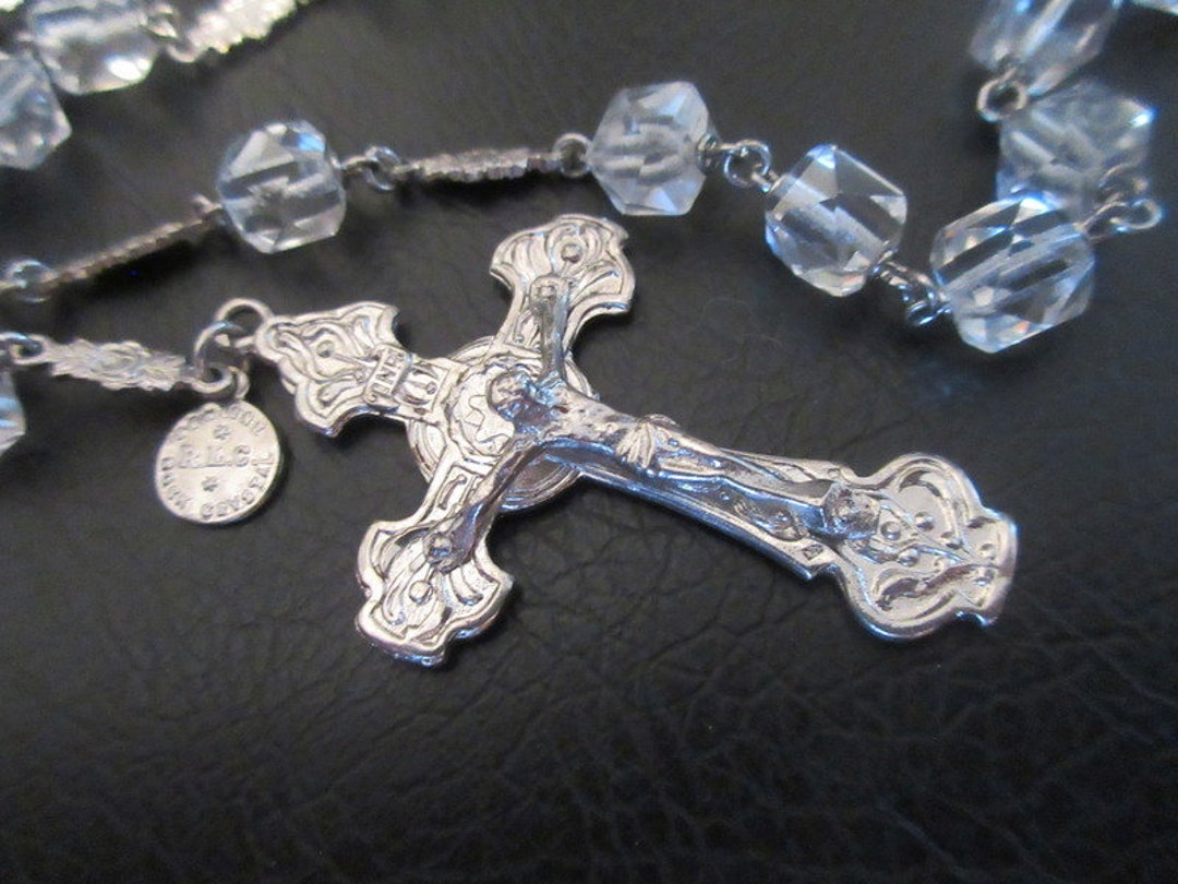 W88 Antique INRI Old Rosary Crystal Clear Bead Sterling RLC Cross Marie ...