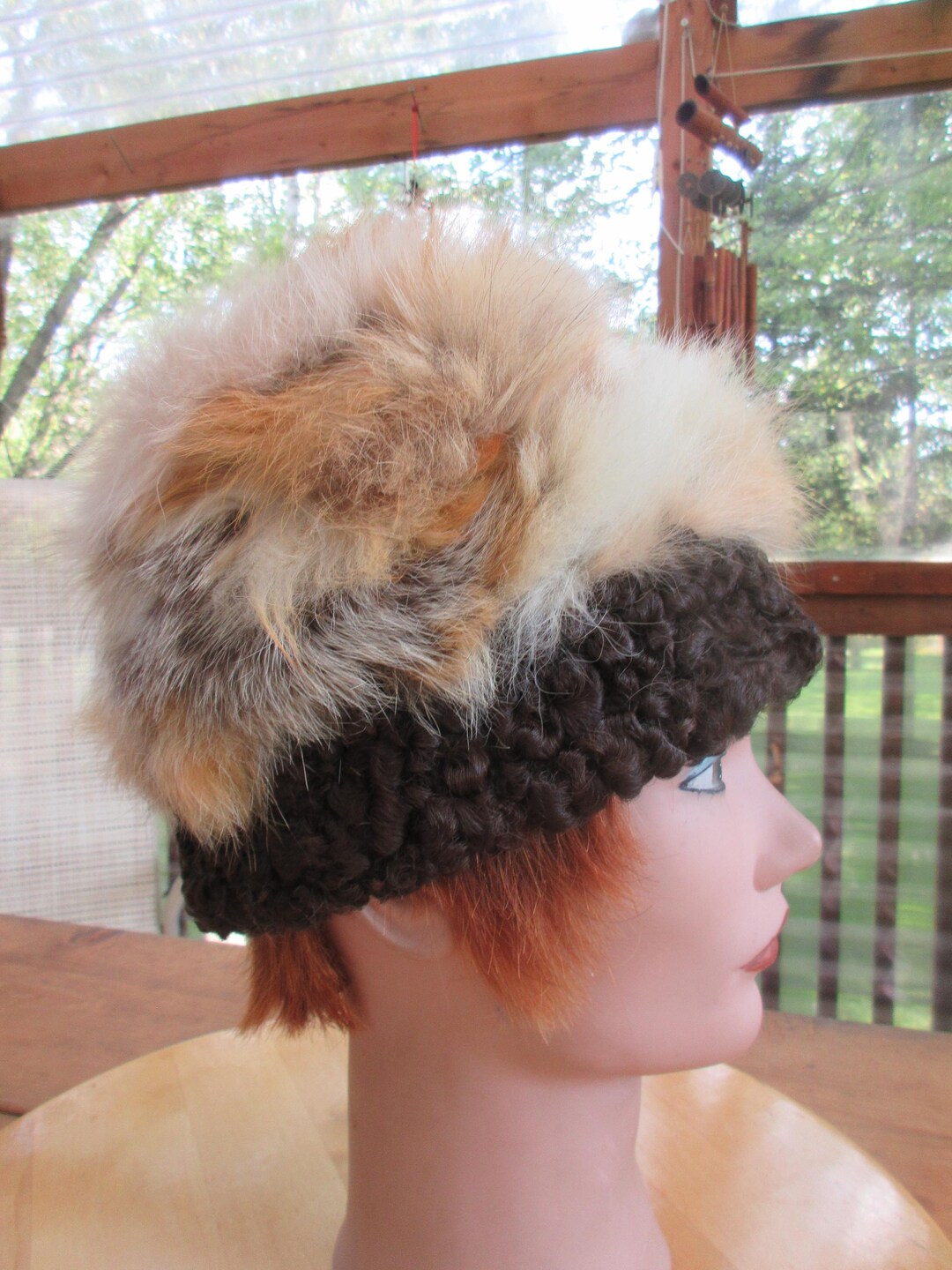 W66 Unisex Hobo Boho Beanie Fur Hat Fox Fur White Tip End Brown Trim ...