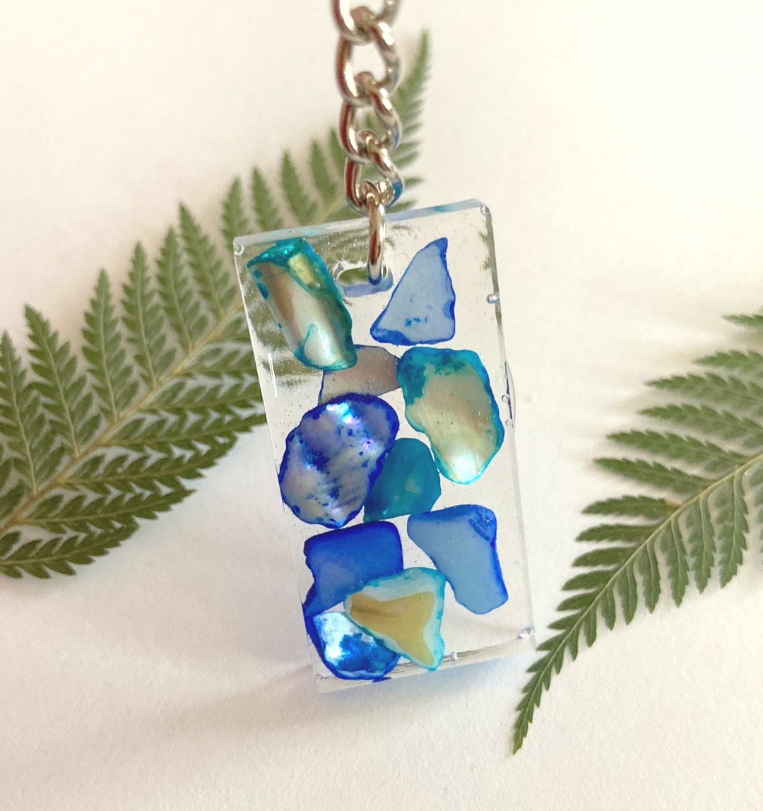 Seashell Keychain, Shells and Resin, Blue Shells, Rectangle Pendant ...