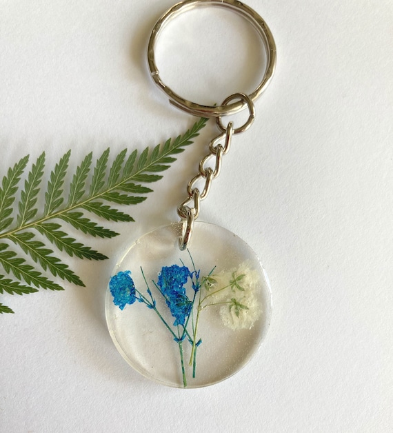 Floral Keychain Pressed Flowers Blue Keychain Blue and | Etsy