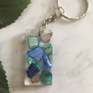 Seashell Keychain, Shells and Resin, Blue Shells, Rectangle Pendant ...