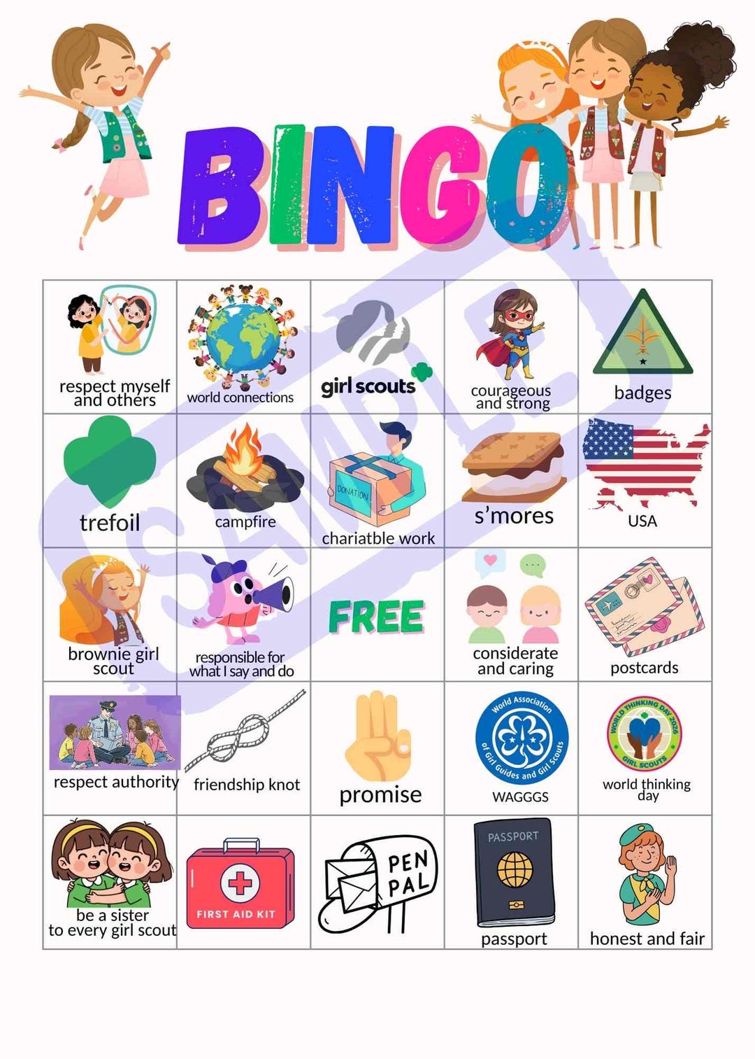 Girl Scout Bingo - World Thinking Day - 25 Printable Cards and 42 Pull ...
