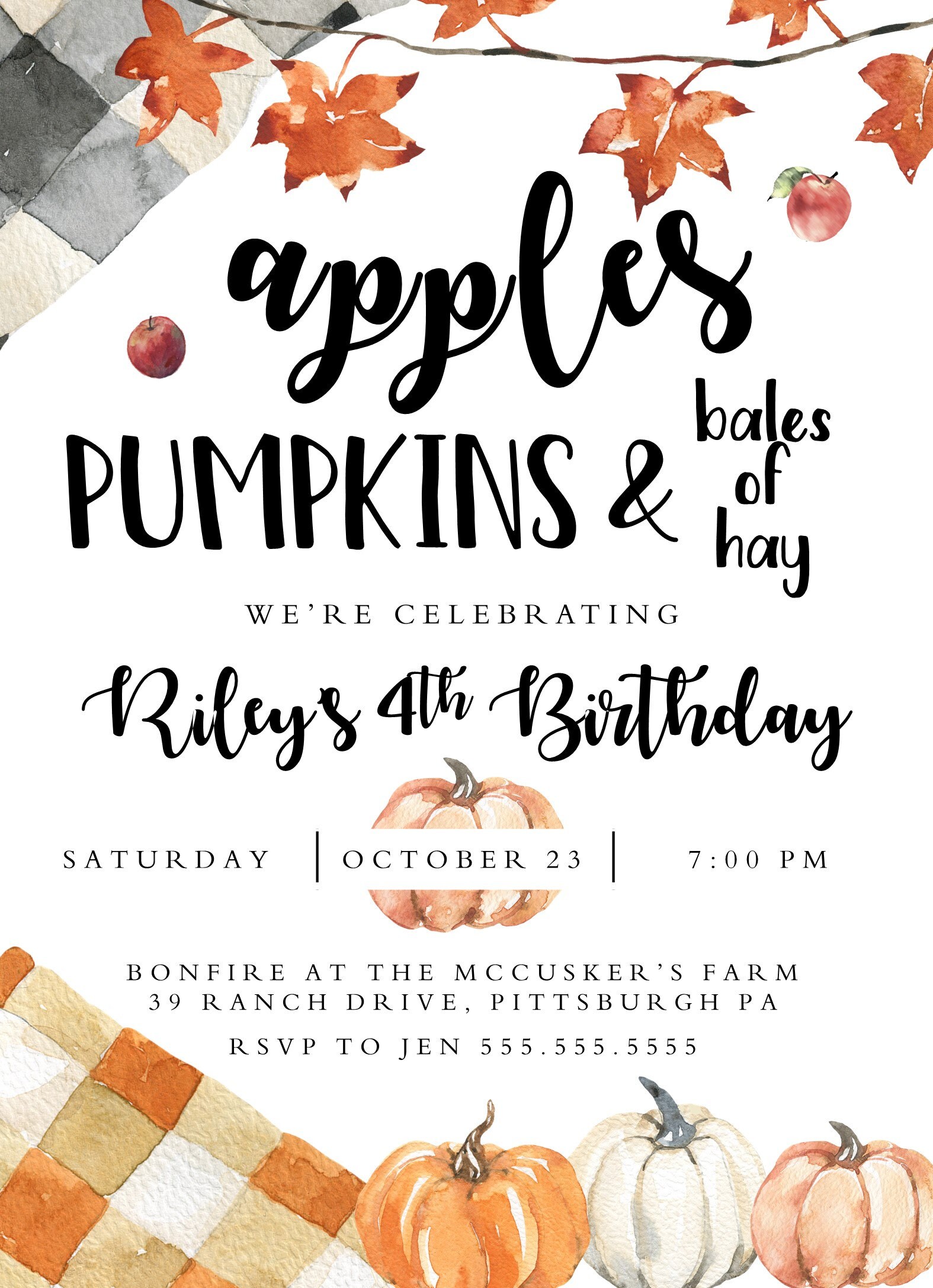 Apple and Pumpkins Birthday Invitation 5x7, Printable Invitation, Boho ...