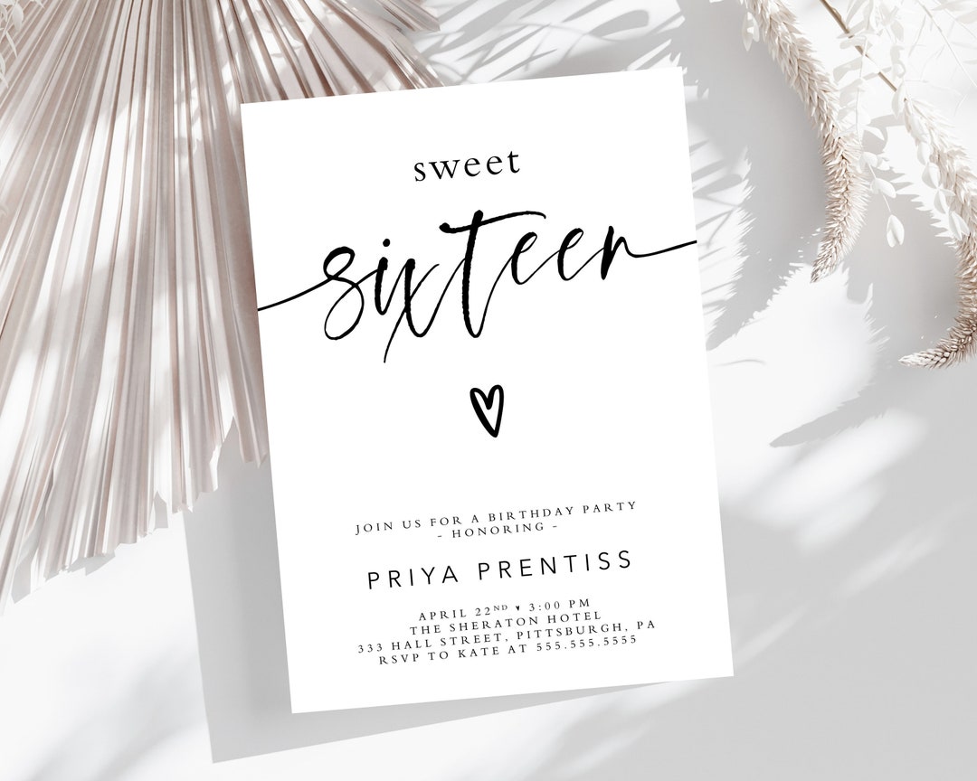 Sweet Sixteen Birthday 5x7 Invitation, Printable Invite, Minimalist ...