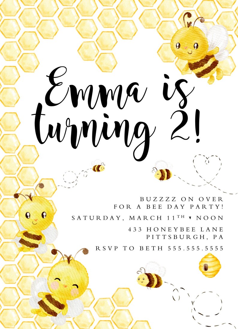 Bee Birthday Party Invitation, Printable Invitation, Bee Invite, Bee ...