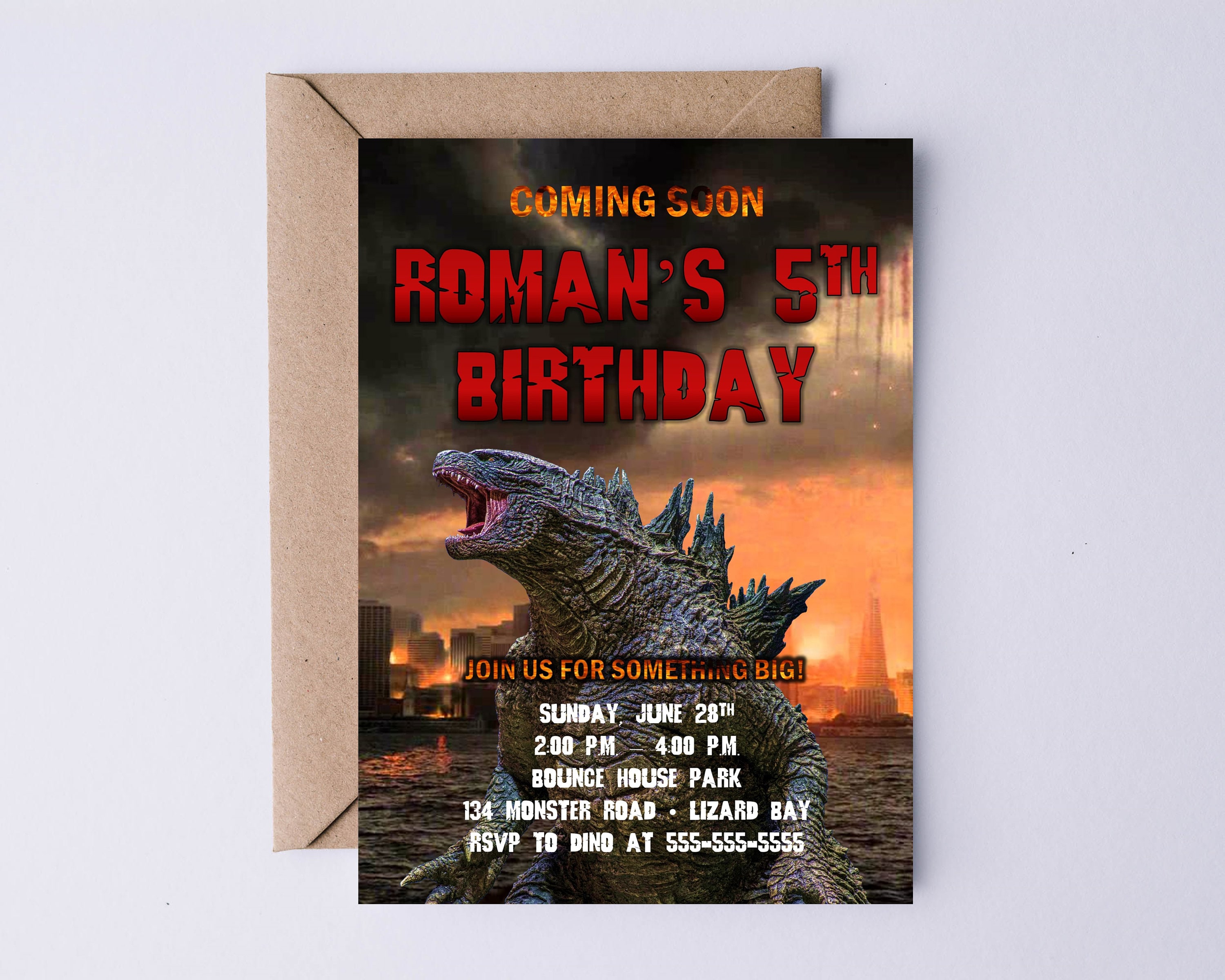 Godzilla 5x7 Invitation, Printable Invitation, Fun Boys Party, Boy ...