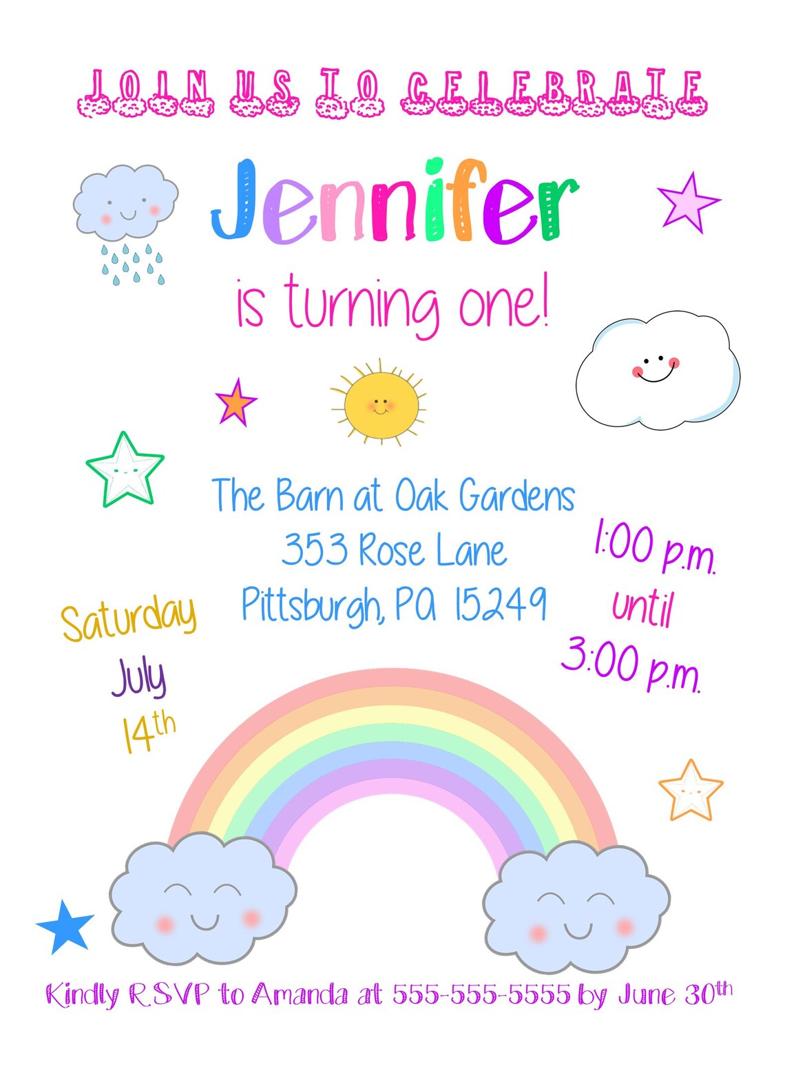 Cute Weather Birthday Invitation, Printable Invitation, Rainbow ...