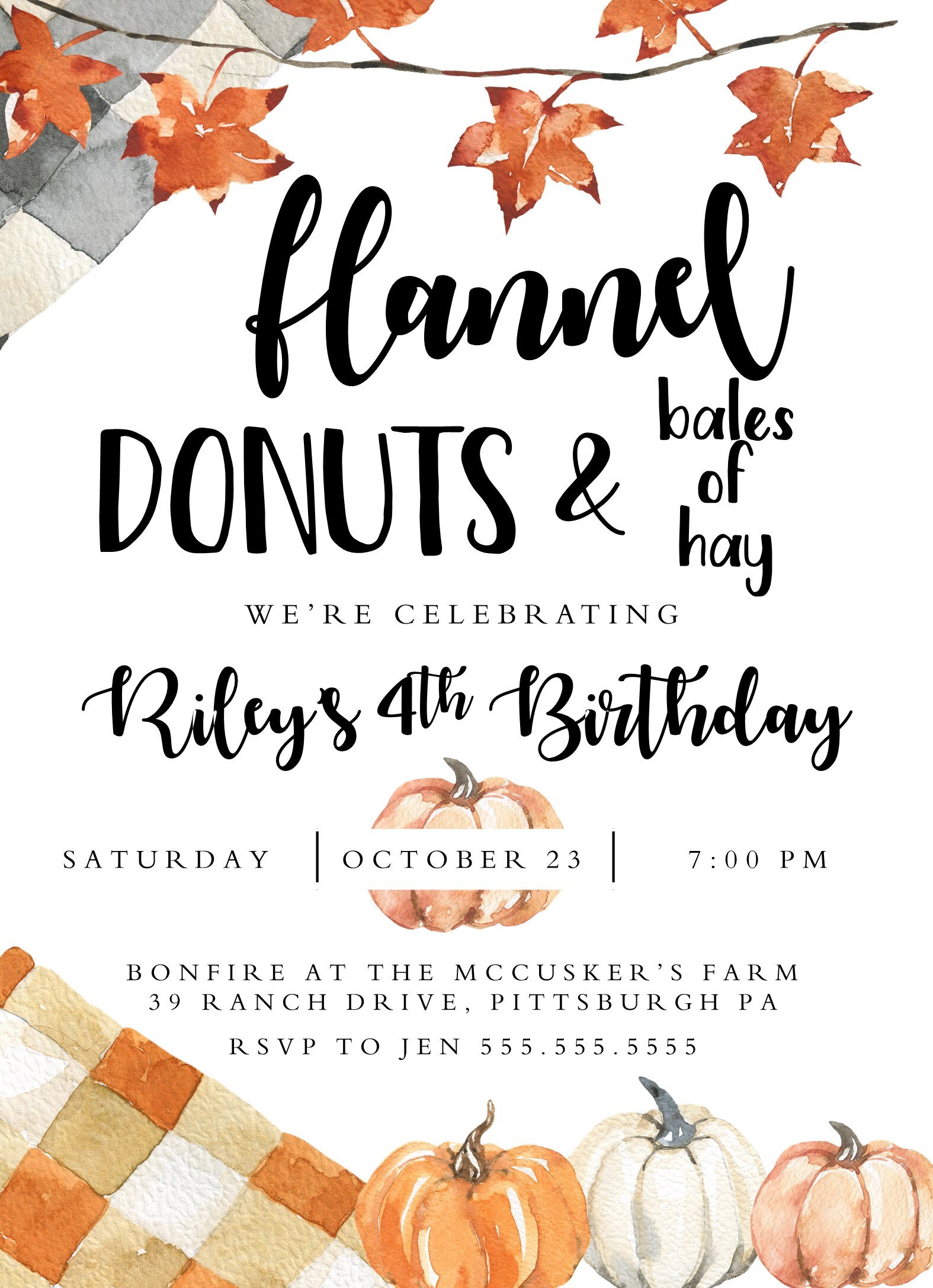 Flannel and Donut Birthday Invitation 5x7, Printable Invitation, Boho ...