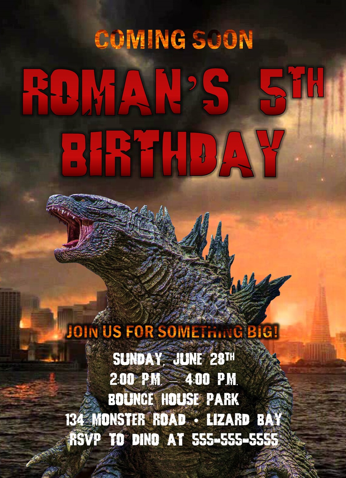 Godzilla 5x7 Invitation, Printable Invitation, Fun Boys Party, Boy ...