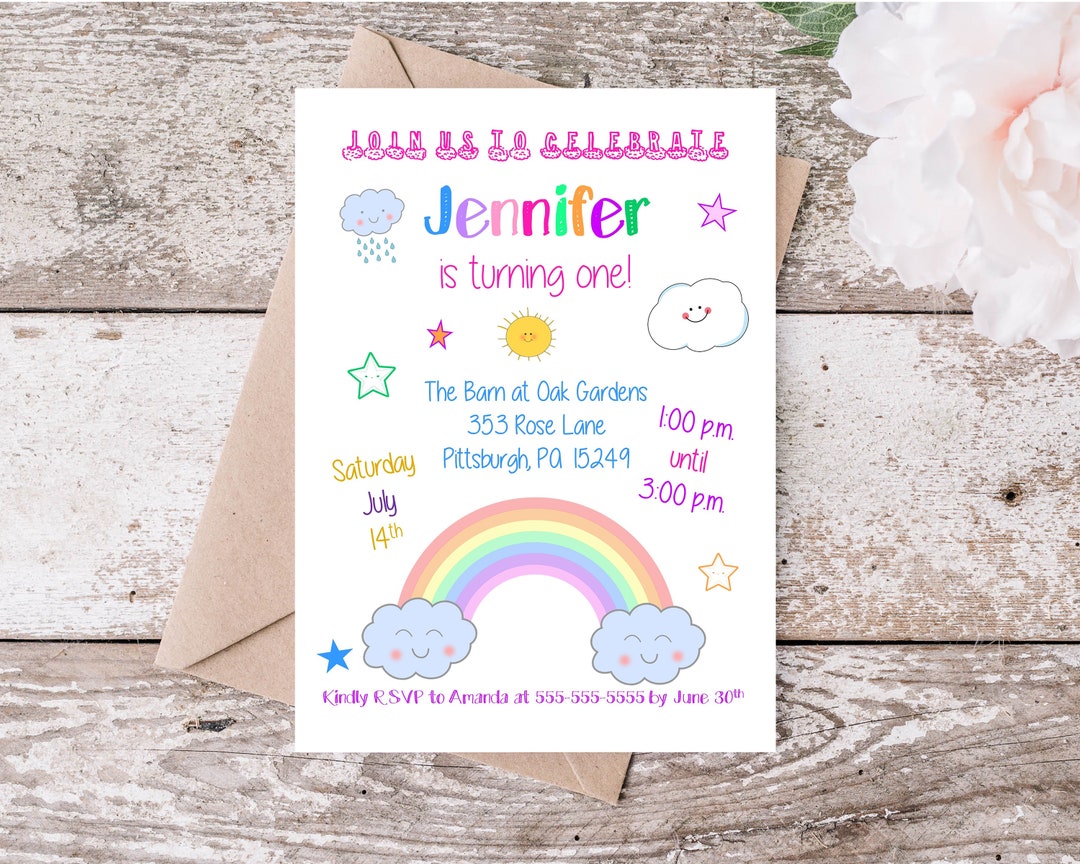 Cute Weather Birthday Invitation, Printable Invitation, Rainbow ...