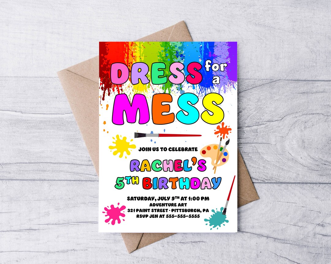Art Party 5x7 Invitation, Printable Invitation, Paint Party, Dress for ...