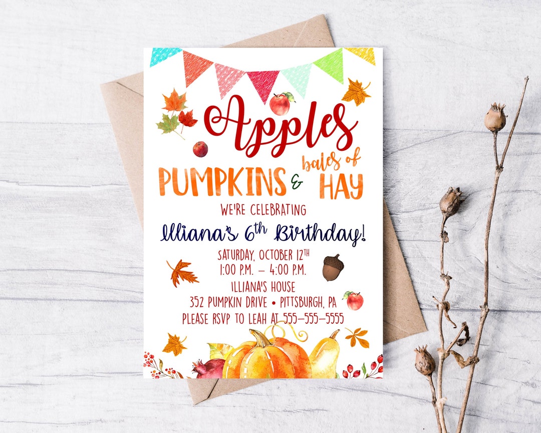 Apples and Pumpkins Birthday Invitation 5x7, Printable Invitation, Cute ...