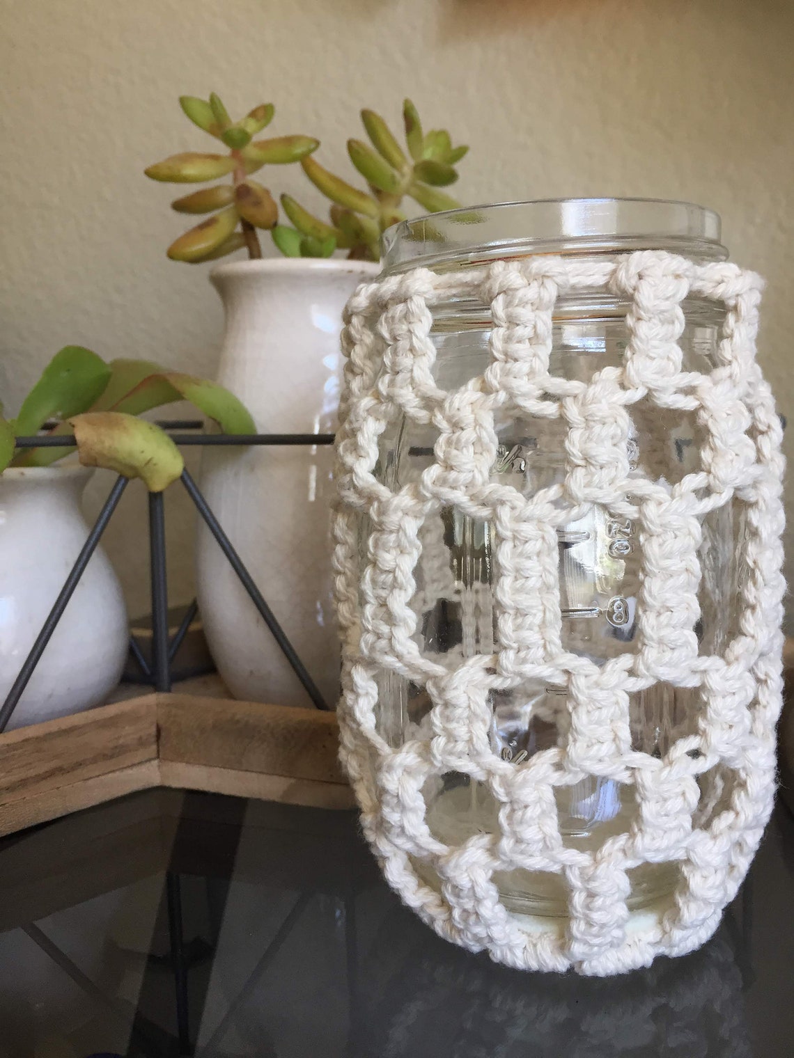 Macrame Mason Jar Wrapped Votive Holder Flower Vase BOHO - Etsy Singapore