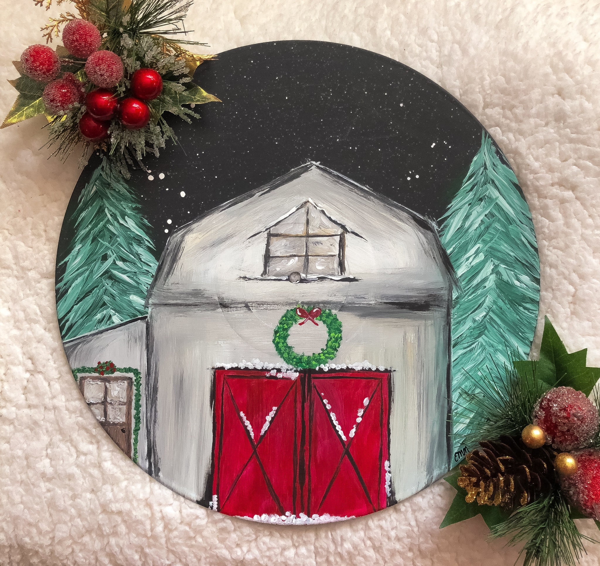 Christmas Snowy Barn Scene // Custom Hand Painted Vinyl Record - Etsy