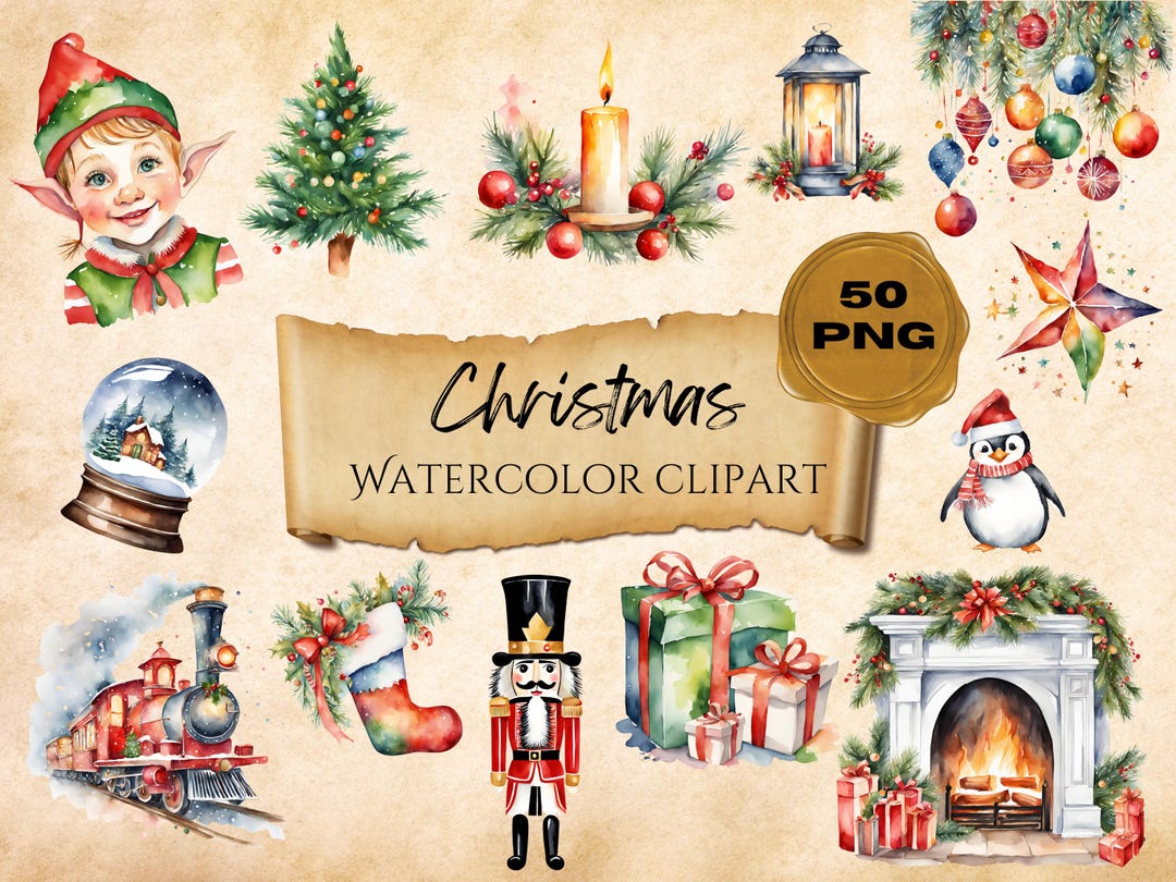 Watercolor Christmas Clipart Bundle | Festive Holiday PNG (50 Files) - Etsy