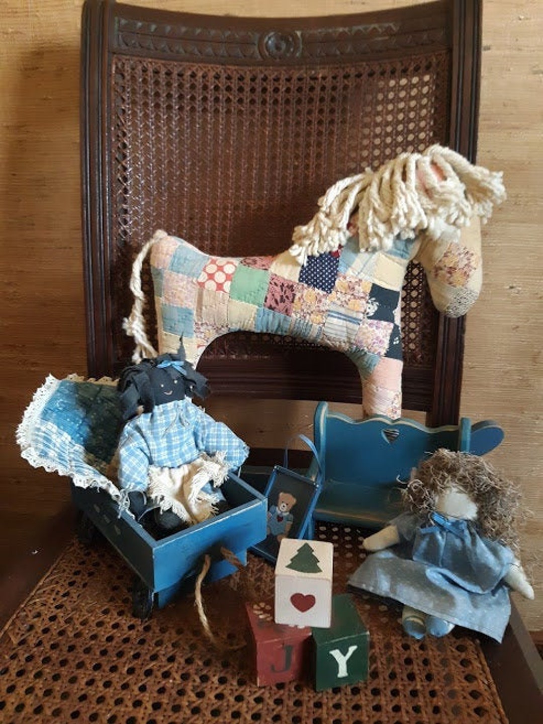 Rag Dolls (3) Wall Hanging Quilted Rockinghorse, Wooden Blue Wagon and ...