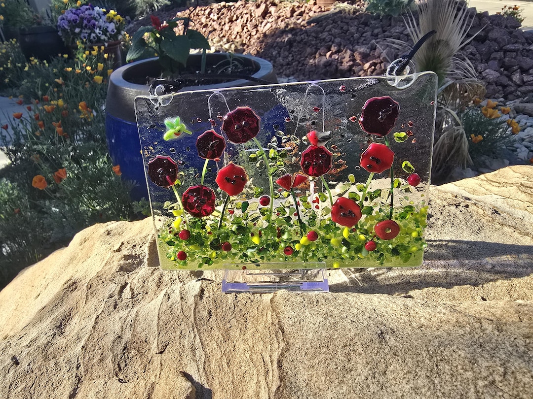 Bright Red Poppy Fused Glass Suncatcher: Wildflower Garden Window ...