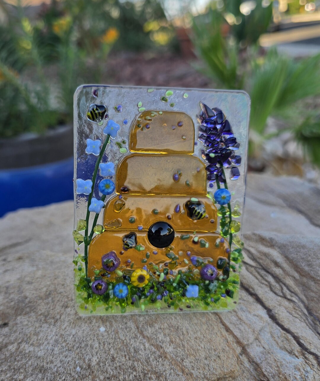 Fused Glass Beehive Night Light: Lavender Wildflower Decor for Bee ...