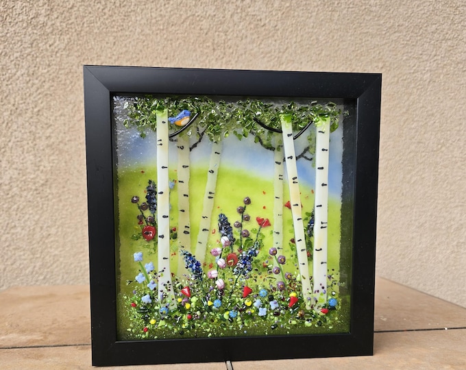 Fused Glass Art, Shadow Box, 3-d Look, Aspen Trees, Birch Trees, Summer ...