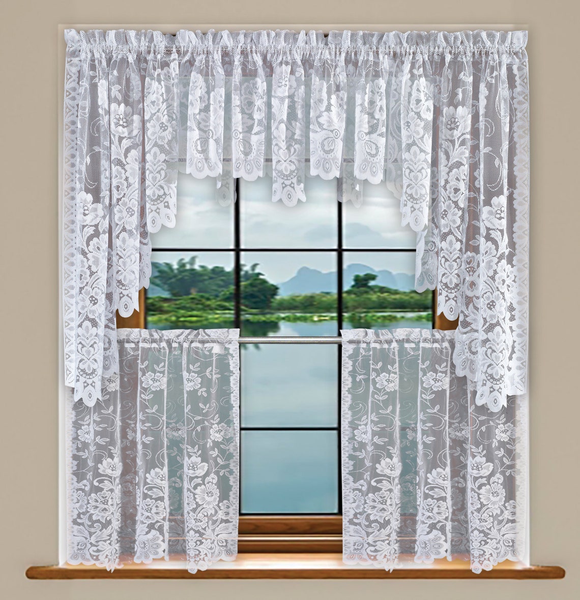 Grace Floral Lace Kitchen Cafe Curtain Tier Valance Swag Pair - Etsy